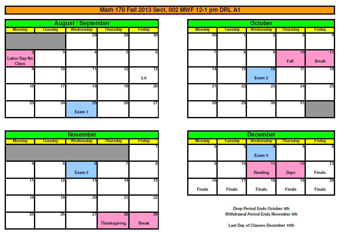 Math 103: Introduction to Calculus – Calendar